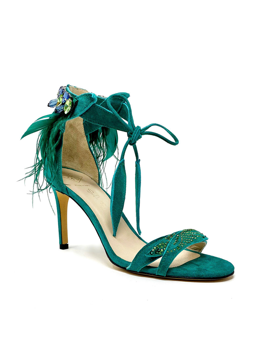 "Maira" Feathered and Jewels Detail Suede Sandals – Sofia Tazi